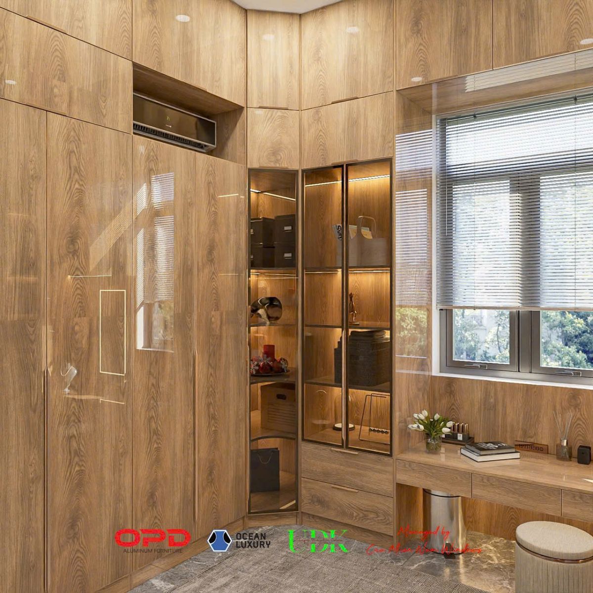 TỦ KHUNG NHÔM NỘI THẤT KẾT HỢP PHIM NỘI THẤT MÀU VÂN GỖ